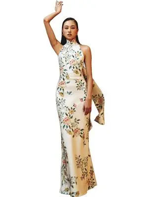 SAU LEE SAU LEE Georgia Maxi Dress With Peony Print And Open Back Stone