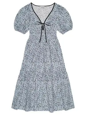 GANNI Floral Printed Cotton Long Smock Dress - Blue