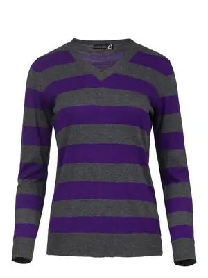 CONQUISTA Fitted Long Sleeve V-neck Striped Knit Jumper - Grey
