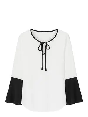 CONQUISTA Fashion Contrast Detail Bell Sleeve Top - Beige