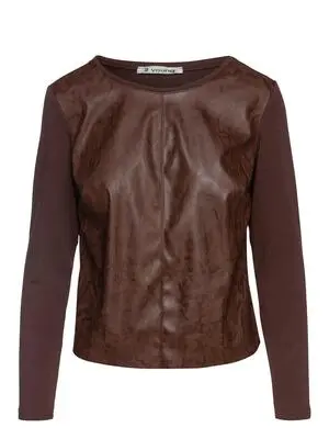 CONQUISTA Faux Leather Detail Top - Brown