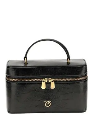 Pinko Classic Leather Beauty Case With Top Handle And Shoulder Strap - Black