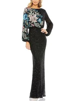 Mac Duggal Embellished Floral High Neck Gown - Black Multi