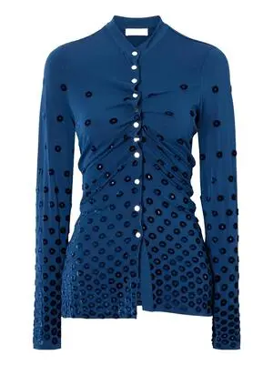 Rabanne Gathered Flocked Jersey Blouse - Blue