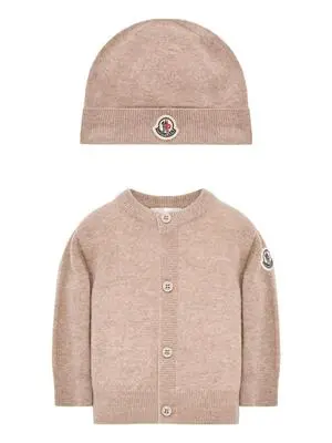 Moncler Embroidered Logo Wool Cardigan And Hat Set - Beige