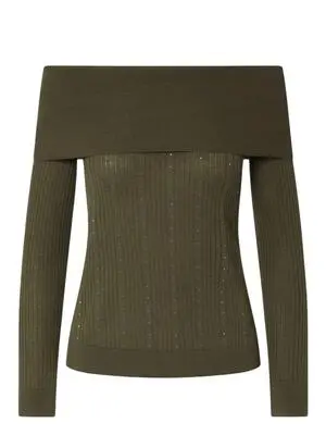Liu Jo Wool Sweater With Bardot Neckline And Micro Studs - Green