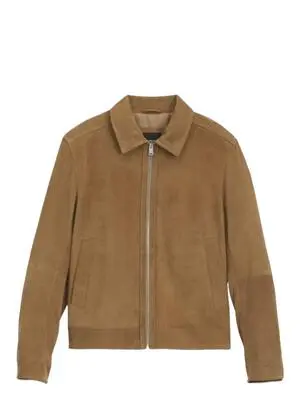 Hugo Boss Suede Leather Jacket With Zipper Closure - Beige