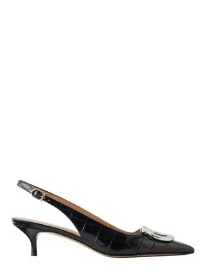FERRAGAMO Sara 40 Embellished Croc-effect Leather Slingback Pumps - Black