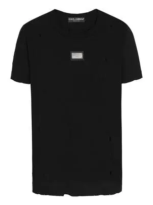Dolce & Gabbana Distressed Jersey T-shirt With Logo Tag - Black