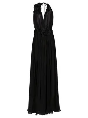 Dolce & Gabbana Silk Chiffon Floral Appliqué Gown - Black