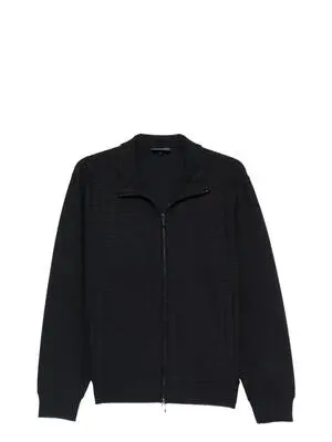 Emporio Armani Cotton Blend Zipped Sweatshirt With Textured Finish - Blue