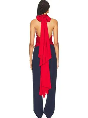 HELSA Natasha Silk Halter Top With Draped Sleeves - Ruby Red