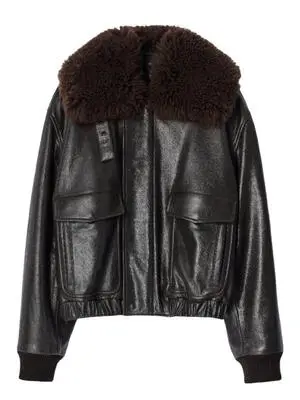 LEMAIRE Blouson In Shiny Leather With Detachable Fur Collar - Ebony