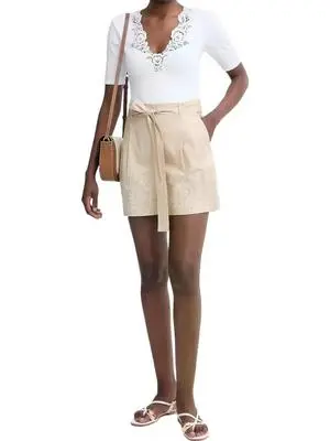 TWINSET Embroidered Belted Shorts - Neutrals