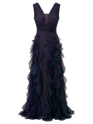 Marchesa Ruffled Silk-organza Maxi Gown - Blue