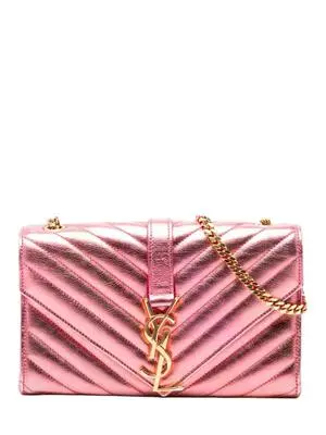 Saint Laurent Small Chevron Metallic Calfskin Monogram Envelope Bag Crossbody - Pink