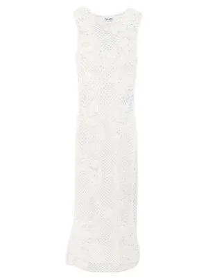 GANNI Crochet Knit Maxi Dress With Floral Appliqu - White