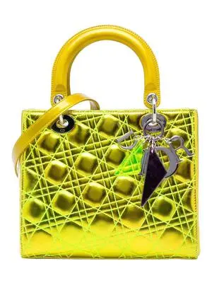 Dior Medium Metallic Lambskin Cannage Lady Satchel - Yellow