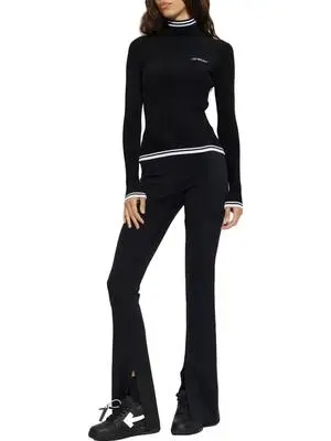 Off-White Ribbed Turtleneck Long Sleeve Top With Stripe Trim - Black