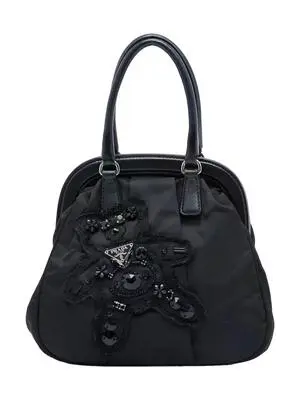 Prada Beaded Tencel Evening Bear Frame Handbag - Black