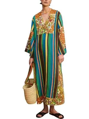 ALEMAIS Linen Midi Dress With Floral Print And Stripes - Neutrals