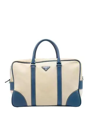 Prada Saffiano Trimmed Canvas Briefcase Business Bag - Neutrals