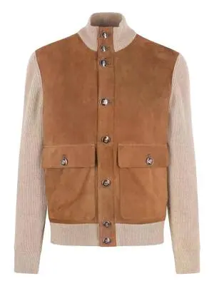 Brunello Cucinelli Suede And Ribbed Knit Cardigan - Neutrals