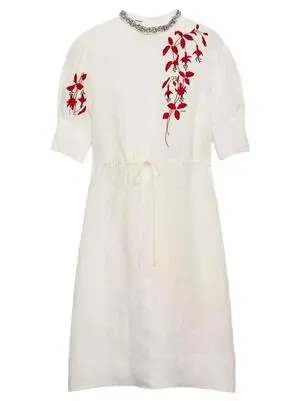 Prada Embroidered Linen Midi Dress With Crystal Embellishments - Neutrals