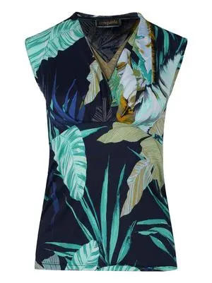 CONQUISTA Sleeveless V-neck Jersey Top With Faux Wrap Front - Blue
