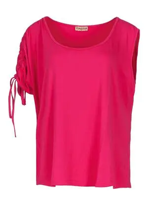 CONQUISTA Asymmetrical Top With Drawstring Sleeve Detail - Red