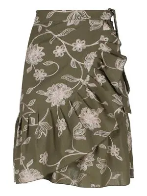 CONQUISTA Embroidered Floral Wrap Ruffle Skirt - Green