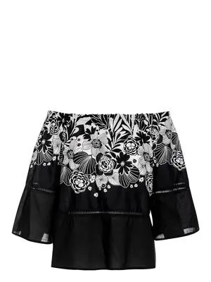 CONQUISTA Floral Bell Sleeve Off-the-shoulder Top - Black