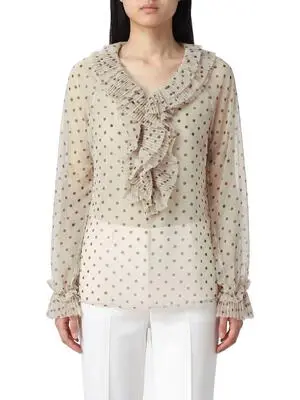 PAROSH P.a.r.o.s.h. Embroidered Polka Dot Ruffled V-neck Blouse - Beige