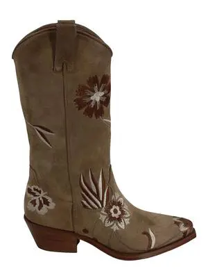 PAROSH P.A.R.O.S.H. Suede Leather Mid-Calf Boots With Floral Embroidery