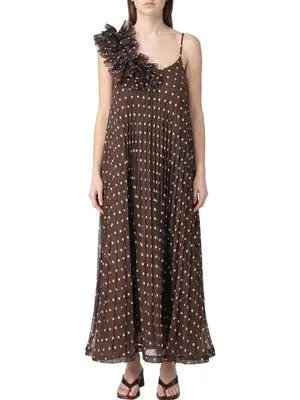 PAROSH P.a.r.o.s.h. A-line Crêpe Midi Dress With Ruffles And Polka Dot Embroidery - Brown