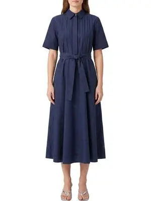 PAROSH P.a.r.o.s.h. Pleated Cotton Midi Shirtdress With Tie-waist Belt - Blue