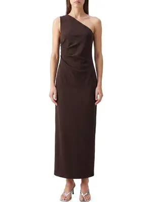 PAROSH P.a.r.o.s.h. One-shoulder Asymmetric Sheath Midi Dress In Cady - Brown