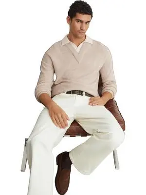 REISS Reiss Corey Wool V-Neck Jumper With Contrast Collar Oatmeal
