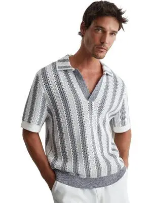REISS Globe Cotton-blend Crochet Stripe Polo Shirt Soft Blue/white