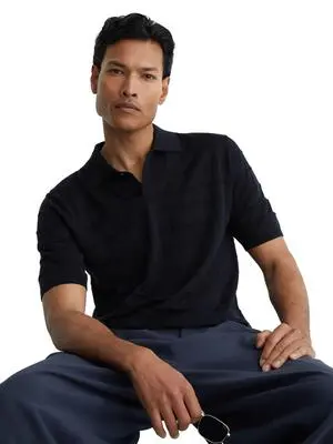 REISS Serval Check-texture Short-sleeve Polo Jumper With Wool - Navy