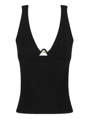 MARINE SERRE Ribbed Knit Deep Neck Tank Top With Moon Pendant - Black