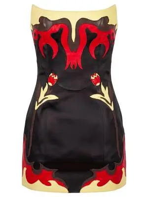 MARINE SERRE Leather Bustier Mini Dress With Floral Appliqués - Black