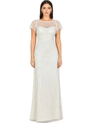 LARA NEW YORK Beaded Flutter Sleeve V-neck Bridal Gown - Ivory