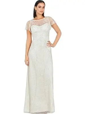 LARA NEW YORK Beaded Flutter Sleeve V-neck Bridal Gown - Ivory