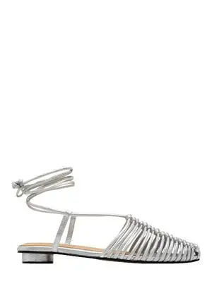 ALTA Leather Strappy Tie Fastening Flat Sandals - Silver