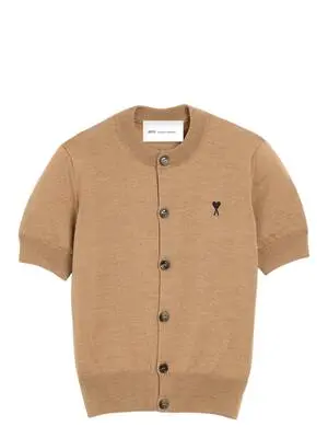 AMI Paris AMI Paris Short Sleeve Cardigan With Ami De Coeur Embroidery Camel Chine/black