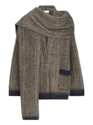 Brunello Cucinelli Mohair And Wool Prince Of Wales Double-knit Outerwear Jacket With Scarf - Black