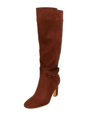 Frederick's Of Hollywood Janeth Suede Ankle Knot Chunky Heel Boots Cognac