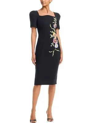 Rickie Freeman For Teri Jon Puff Sleeve Embroidered Midi Dress - Black Multi