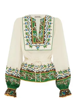 ALEMAIS Relaxed Ramie Blouse With Floral Border Print - Bianco